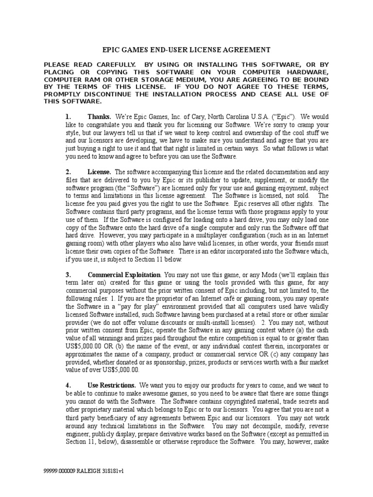 Epic Games End-User License Agreement: 99999.000009 RALEIGH 318181v1 ...