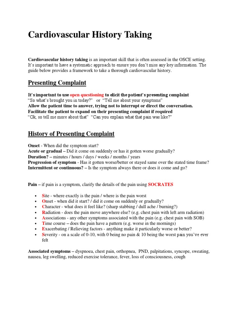 Cardiovascular History Taking Framework | PDF | Pain | Hypertension