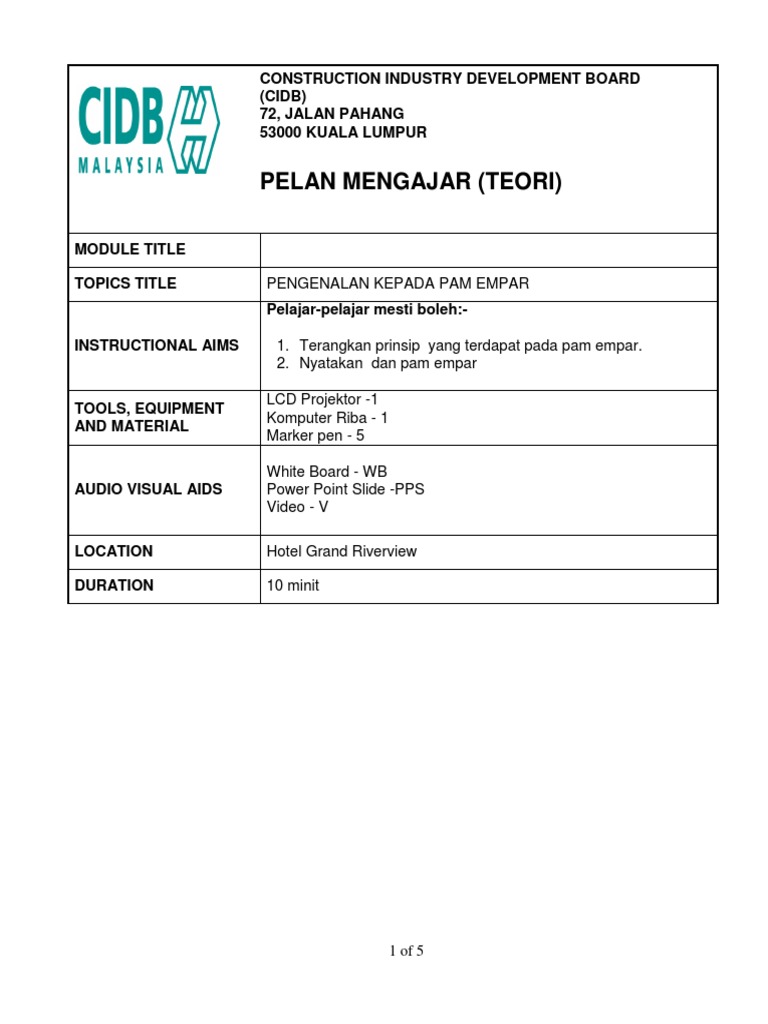 1.3 Lesson Plan Teori (Contoh) - Cidb Nazrin | PDF