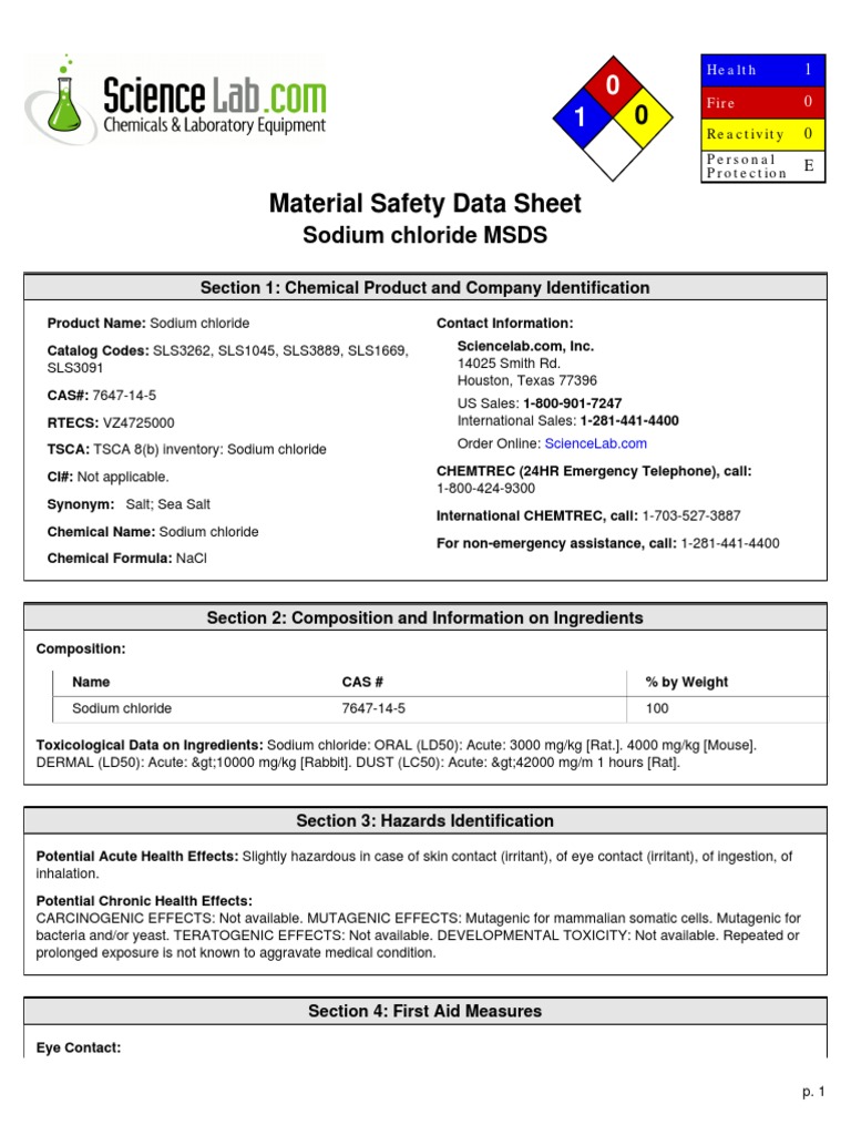 msds Nacl.pdf | Toxicity | Personal Protective Equipment