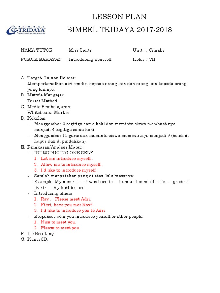 Template Lesson Plan Tridaya | PDF | Karier & Perkembangan | Seni