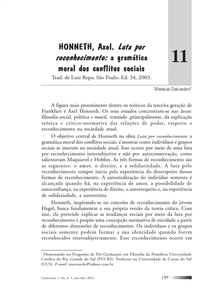 Luta Por Reconhecimento - de Honneth PDF | PDF