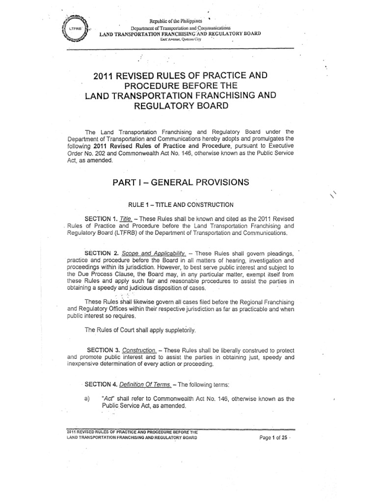 LTFRB Revised Rules of Practice and Procedure