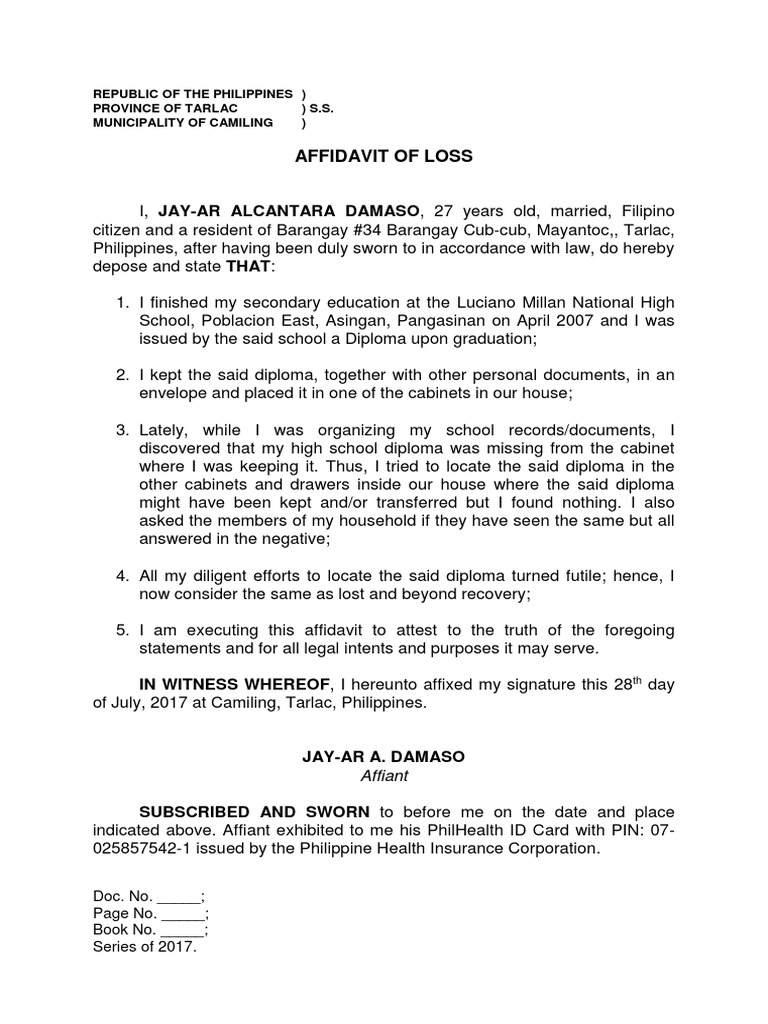 Affidavit of Loss - Damaso (Hs Diploma) | PDF | Affidavit | Document