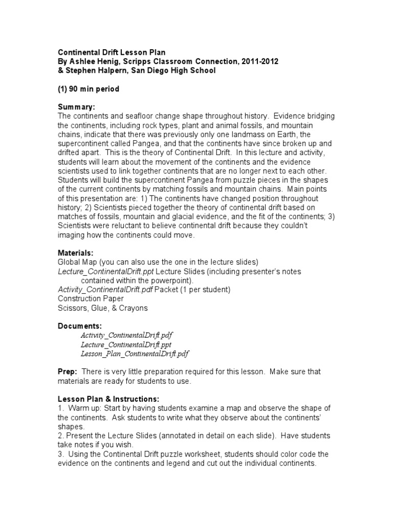 Continental Drift Lesson Plan Guide | PDF | Continent | Earth Sciences