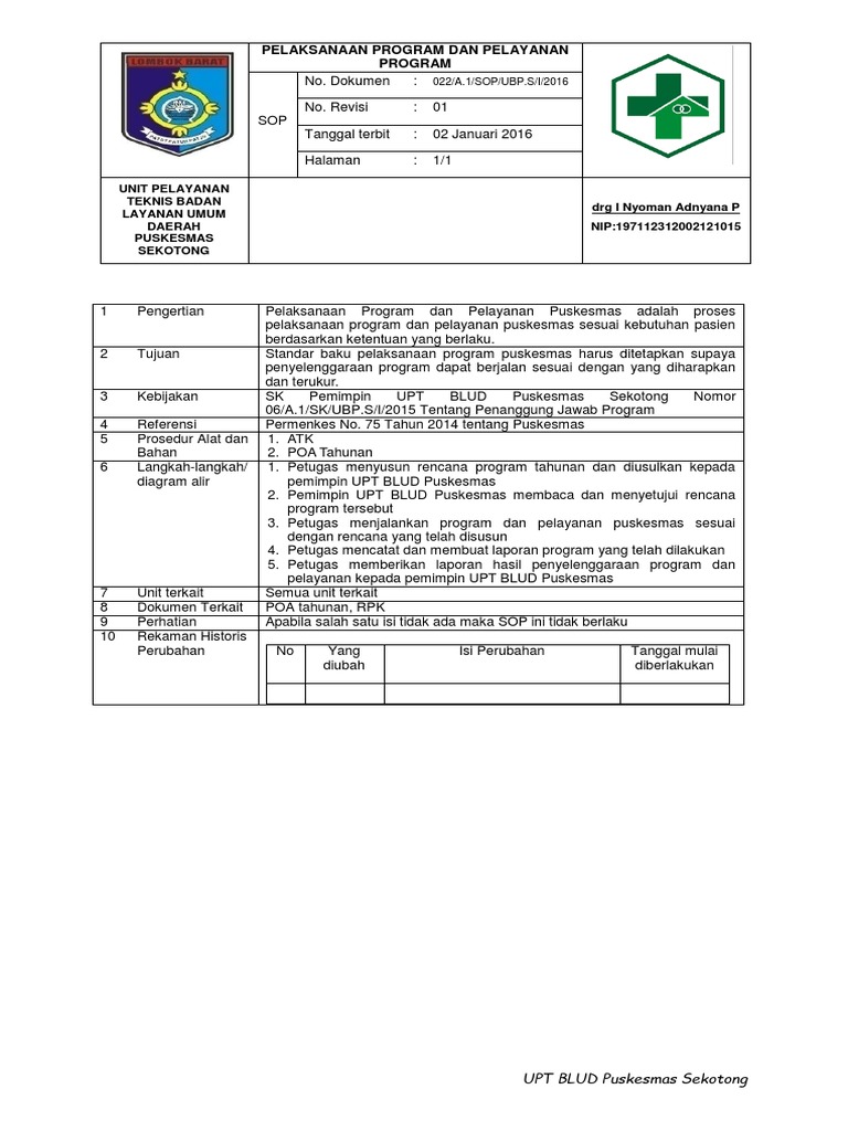 SOP Pelaksanaan Program Dan Pelayanan Puskesmas | PDF