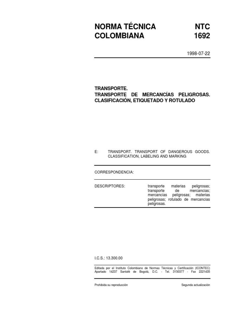 NTC 1692 Transporte Clasificación Rotulado Etiquetado RESPEL | PDF | Material explosivo | Combustión