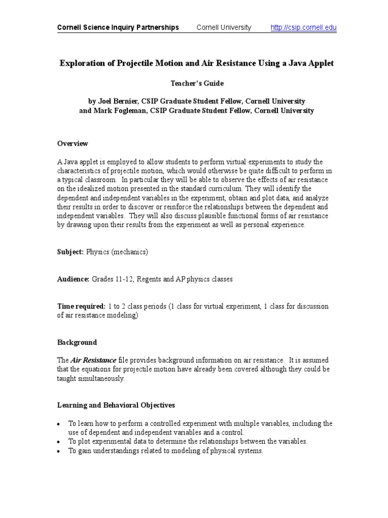 Exploration Of Projectile Motion And Air Resistance Using A Java Applet
