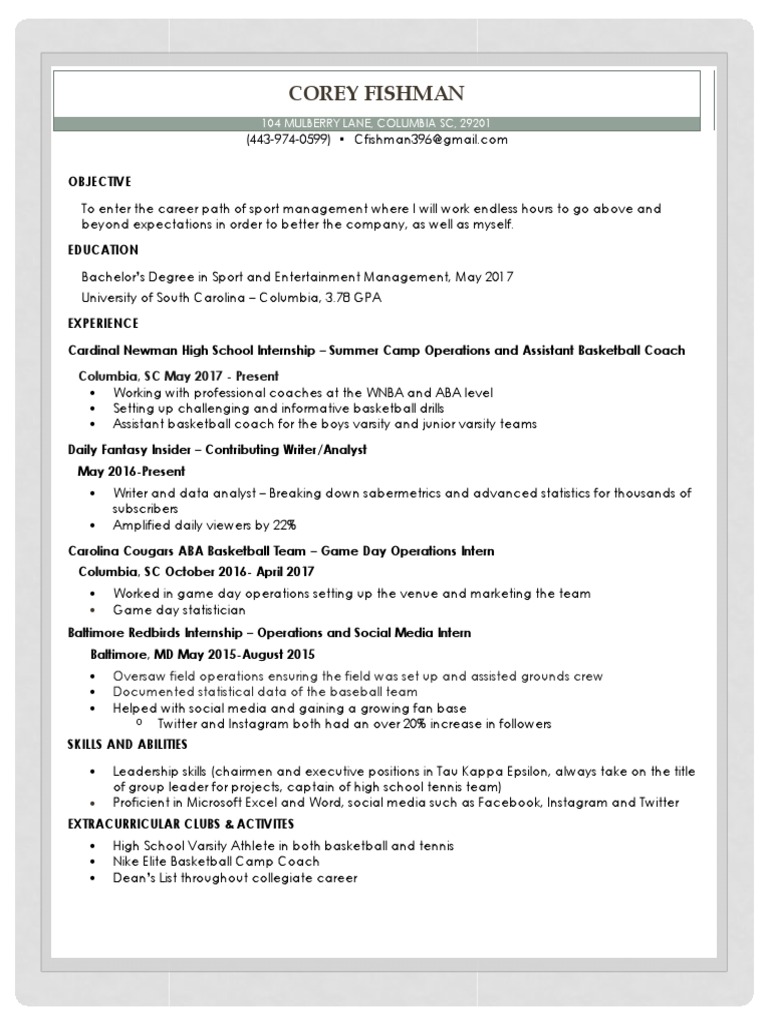 Corey Fishman Resume | PDF | Sports | Basketball