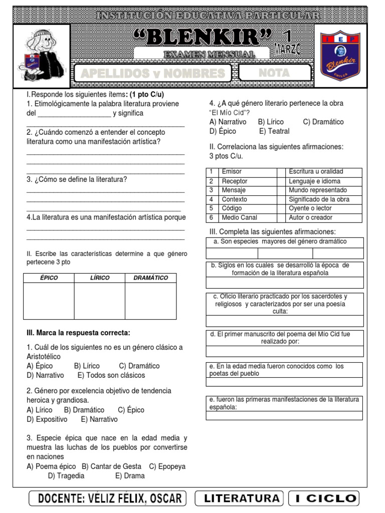 1 Ciclo - Examen de Literatura | PDF | Poesía épica | Poesía