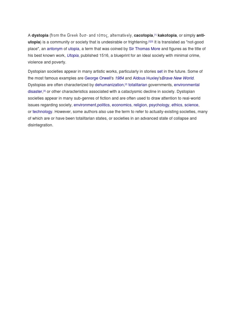 Antonym Utopia Sir Thomas More: Utopia) Is A Community or Society That ...