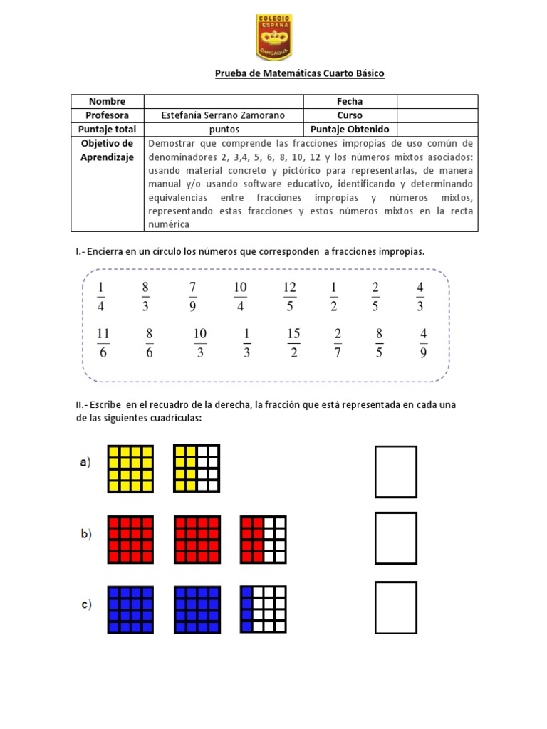 Prueba de Fracciones Impropias Para Quinto Básico | Fracción ...
