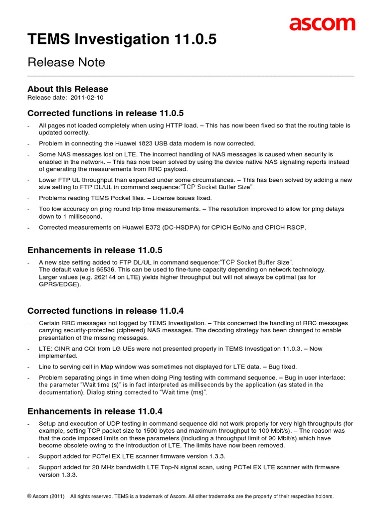 Tems Investigation 11-0-5 Release Note | PDF | Transmission Control ...