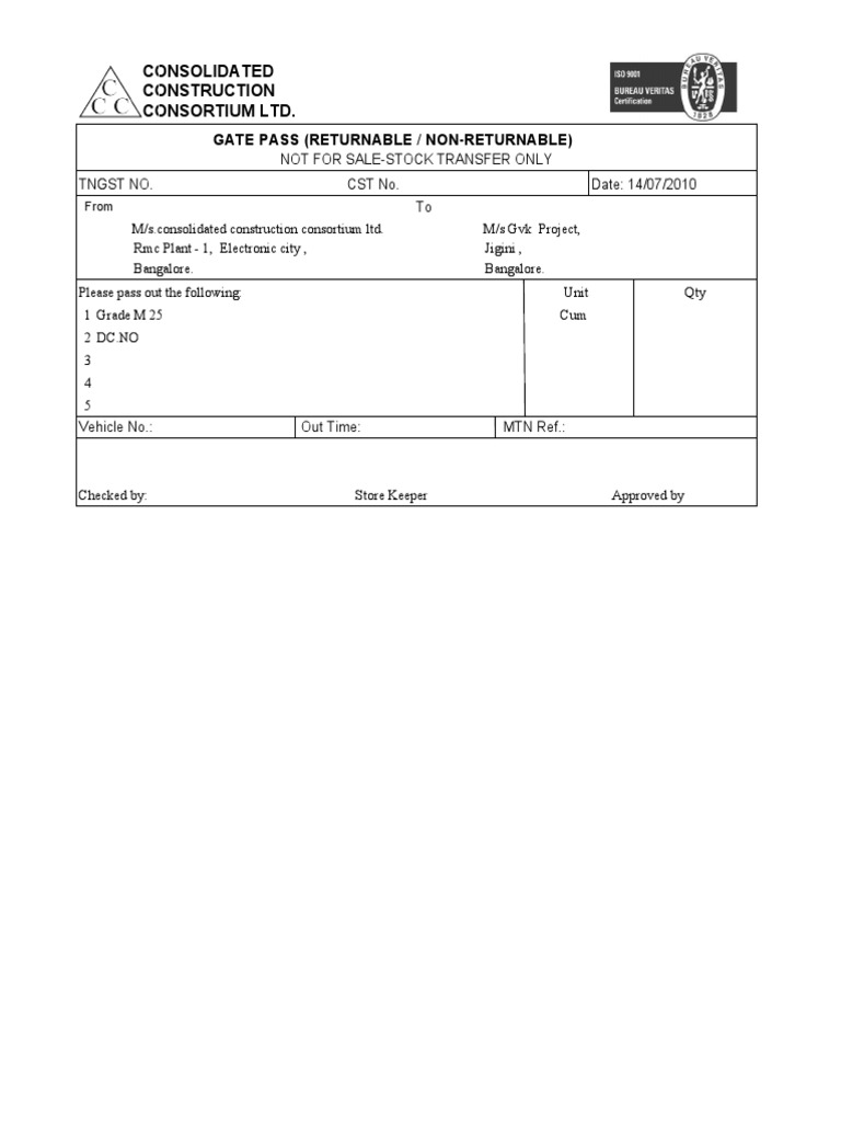 Consolidated Construction Consortium Ltd Gate Pass Returnable Non