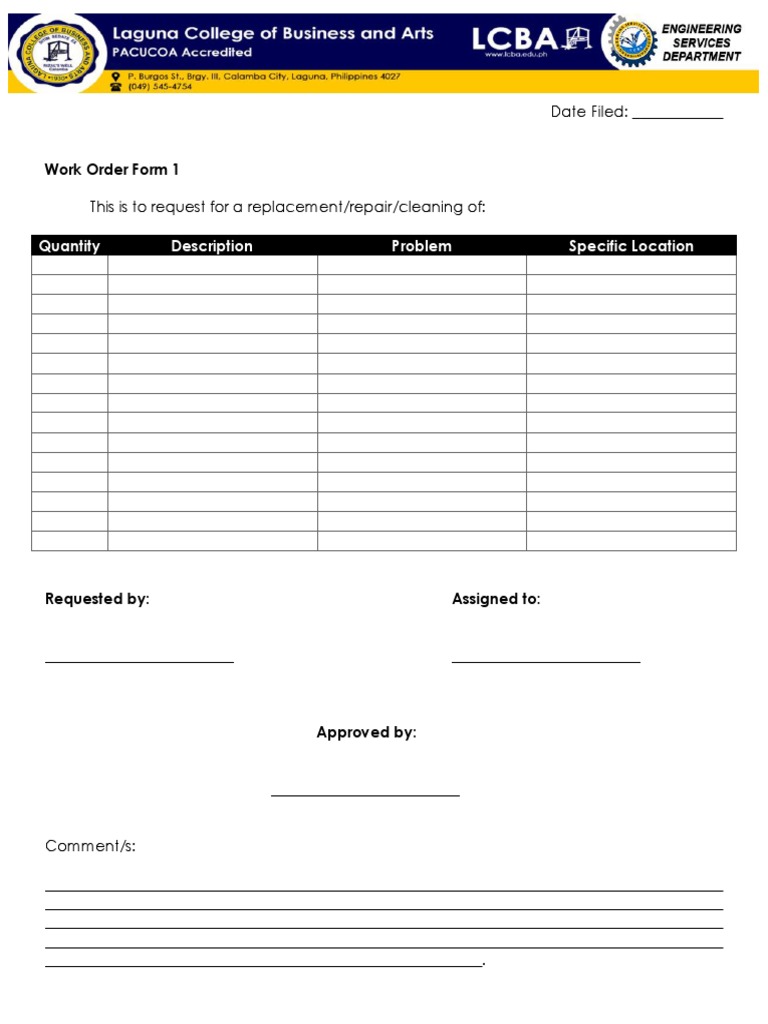 Work Order Form 1: Quantity Description Problem Specific Location | PDF