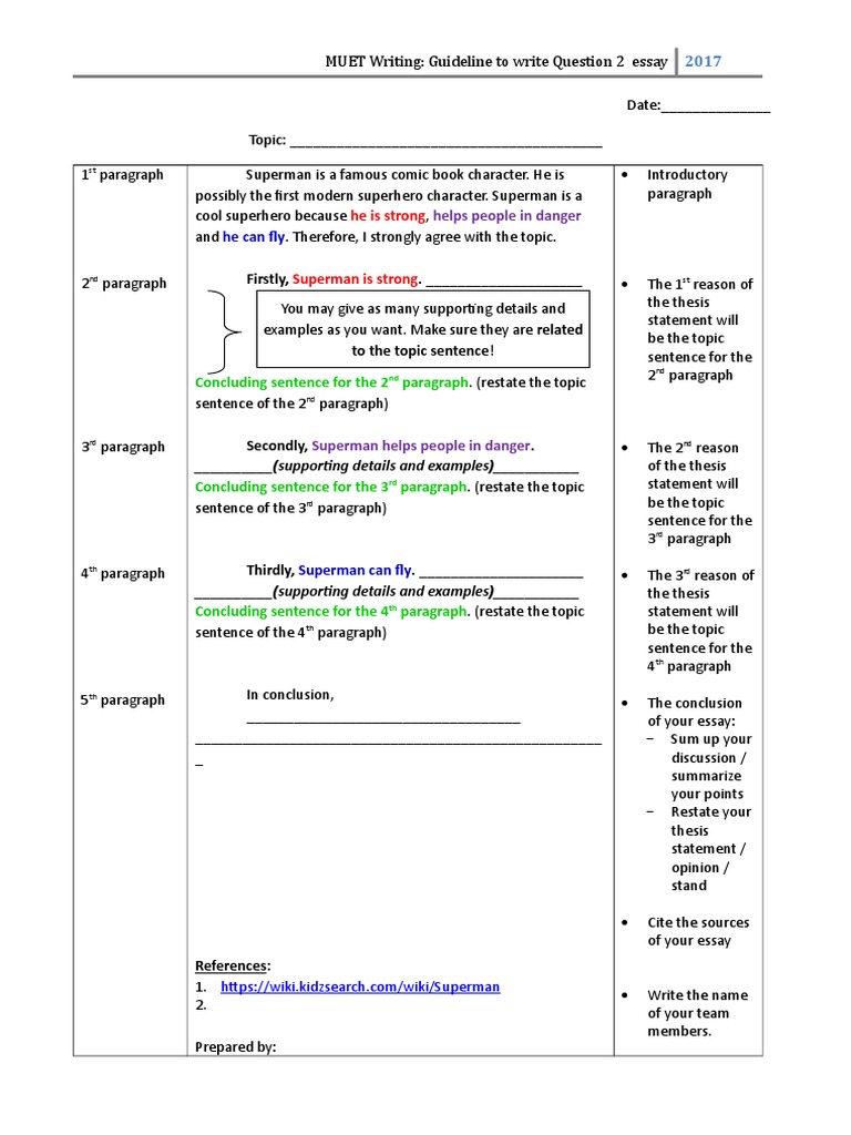 MUET Writing Guideline To Q2 Essay | PDF | Paragraph | Superman