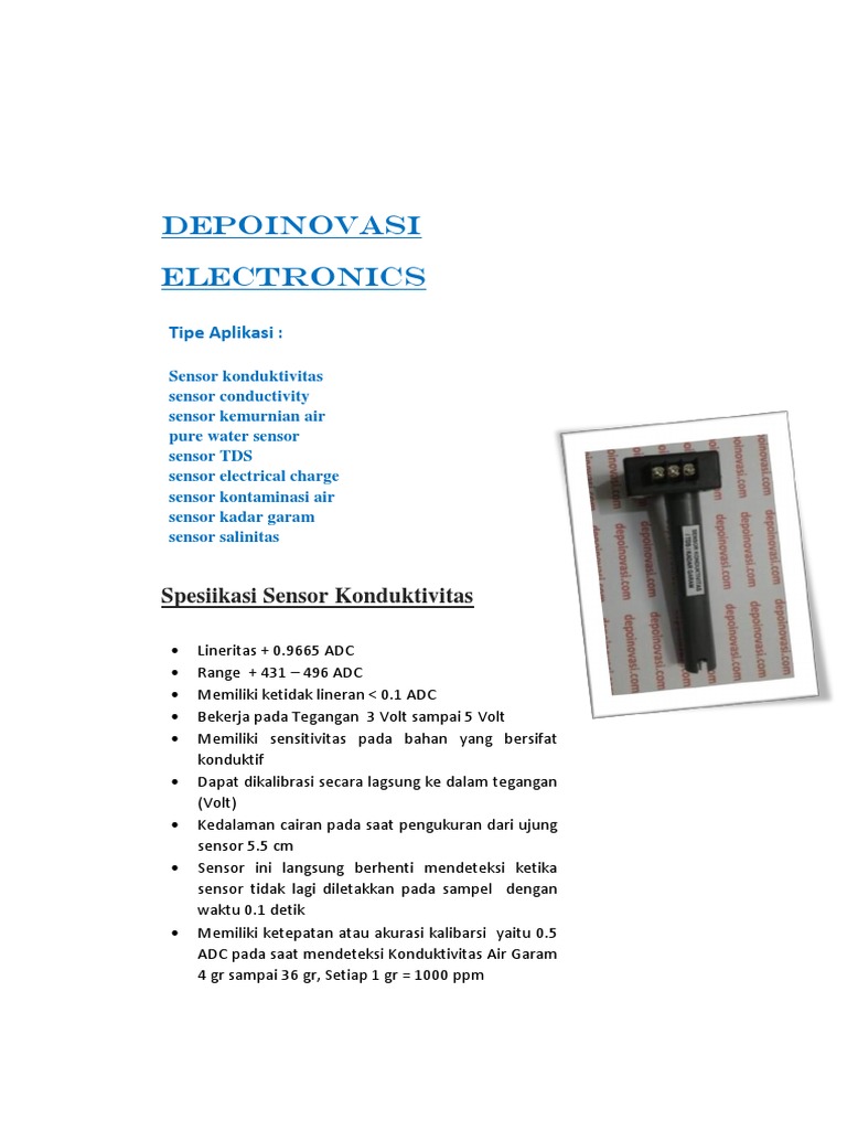 Datasheet Sensor Konduktivitas, Kadar Garam, Tds | PDF