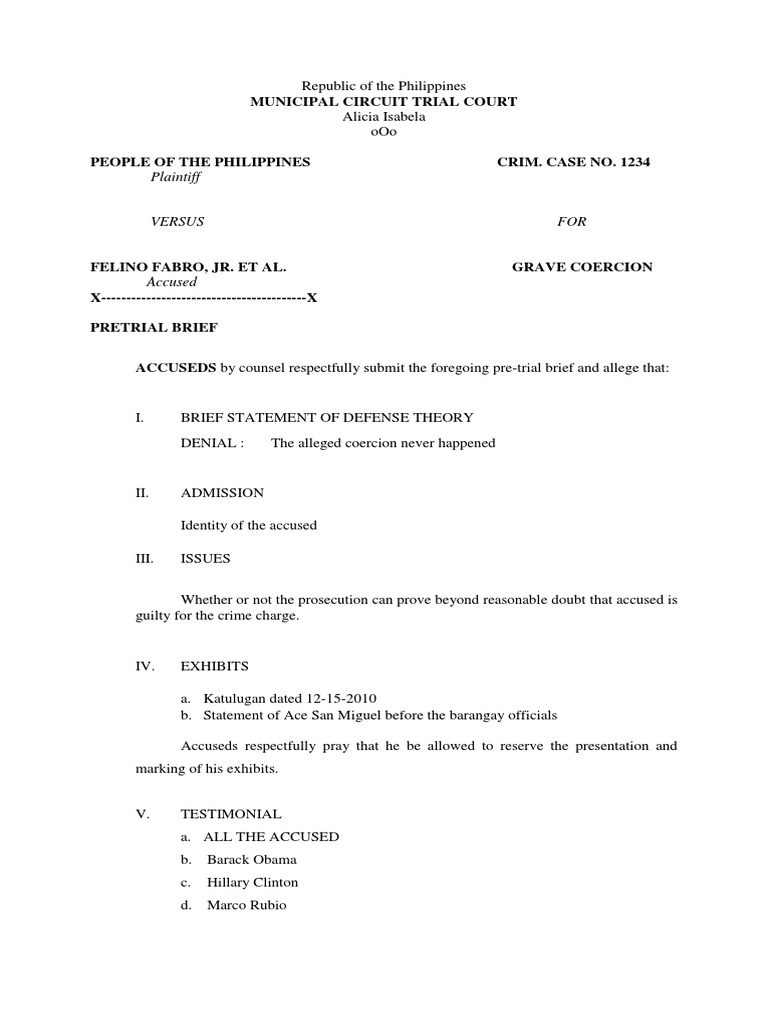 Pretrial Brief for Grave Coercion Case | PDF | Prosecutor | Criminal Procedure