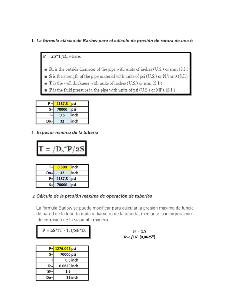 Cálculo de presiones máximas de operación y rotura en tuberías usando ...