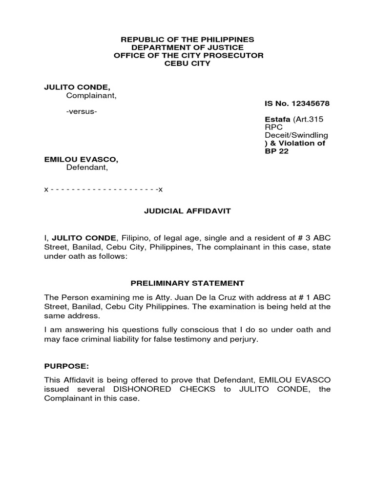 A Case of Bounced Checks: The Judicial Affidavit of Julito Conde ...