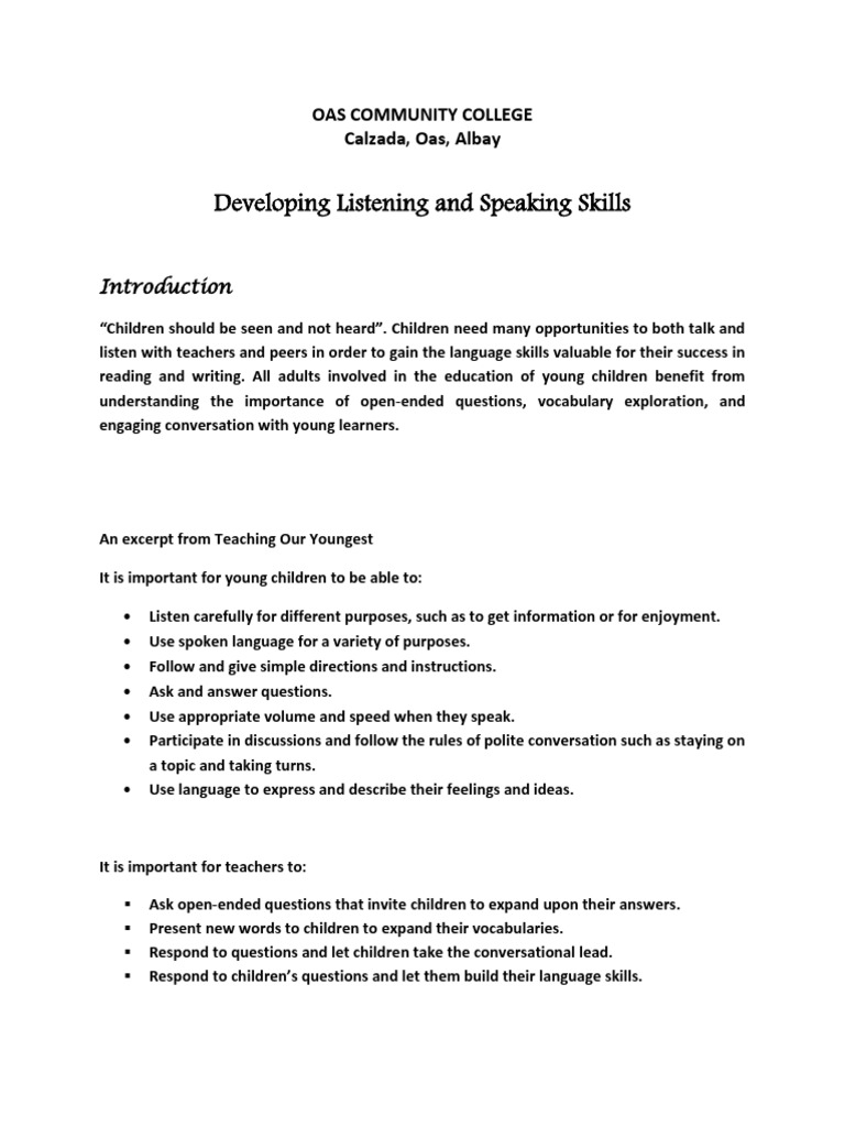 Developing Listening and Speaking Skills | PDF | Preschool | Learning