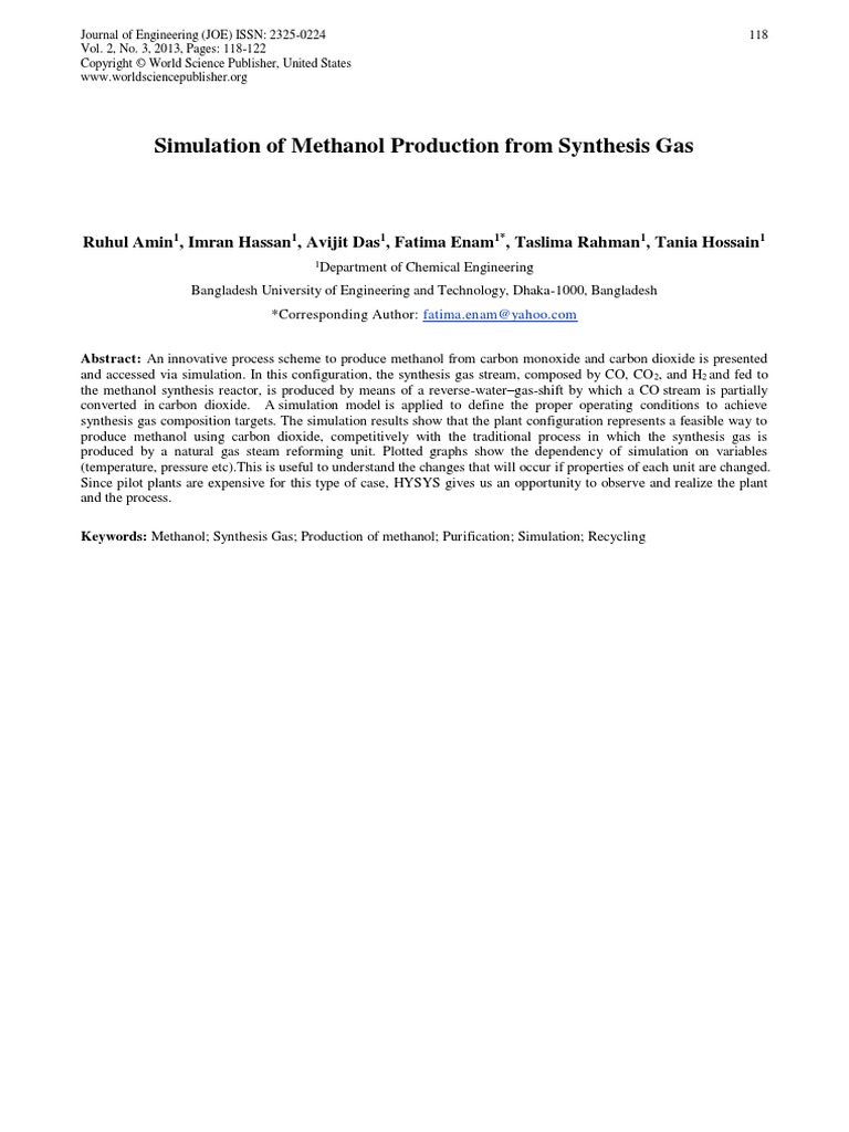 Simulation of Methanol Production From Synthesis Gas PDF | PDF ...