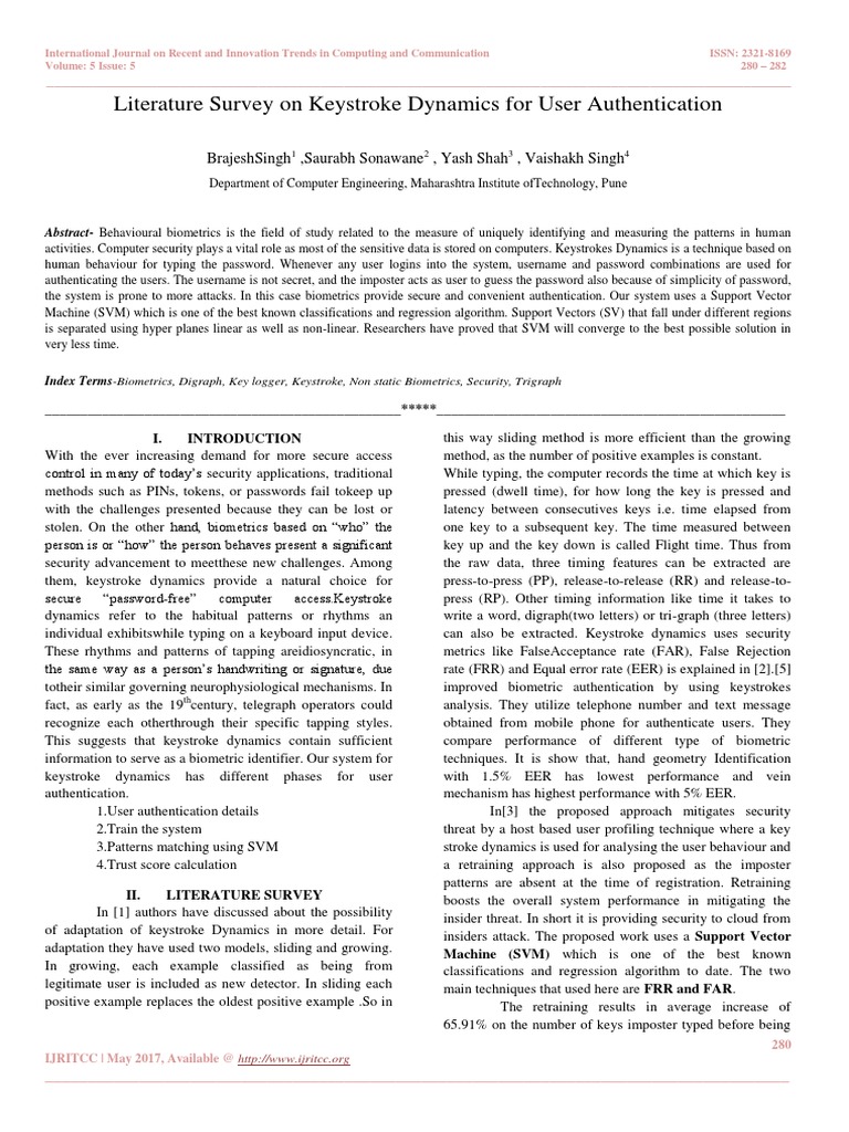 Literature Survey On Keystroke Dynamics For User Authentication | PDF | Biometrics | Password