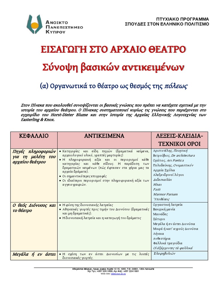 ΕΙΣΑΓΩΓΗ ΣΤΟ ΑΡΧΑΙΟ ΘΕΑΤΡΟ. Σύνοψη βασικών αντικειμένων PDF | PDF