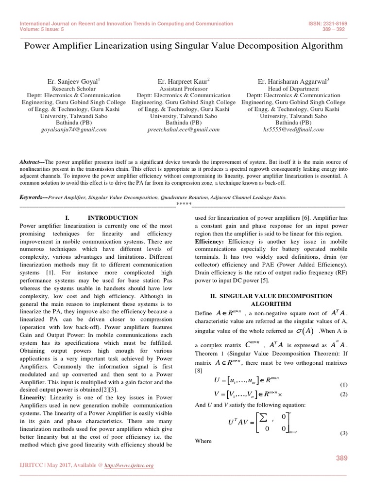 Power Amplifier Linearization Using Singular Value Decomposition Algorithm Pdf Matrix