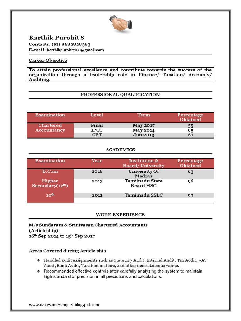 Fresher Chartered Accountant Resume Sample | PDF | Accounting | Service ...