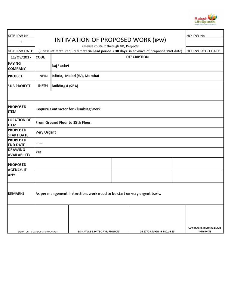 Intimation of Proposed Work | PDF | Technology & Engineering