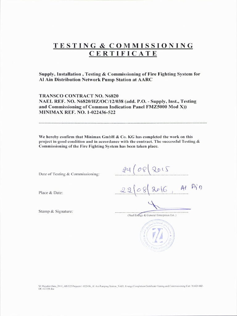 Testing and Commissioning Certificate | PDF