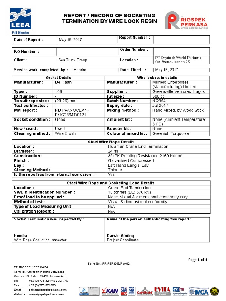 REP-045 Report Record of Socketing Termination by Wire Lock Resin | PDF ...