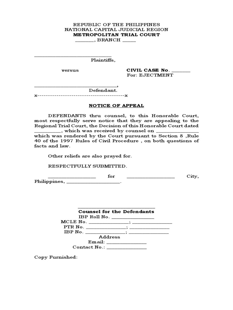 Notice of Appeal - Sample | PDF