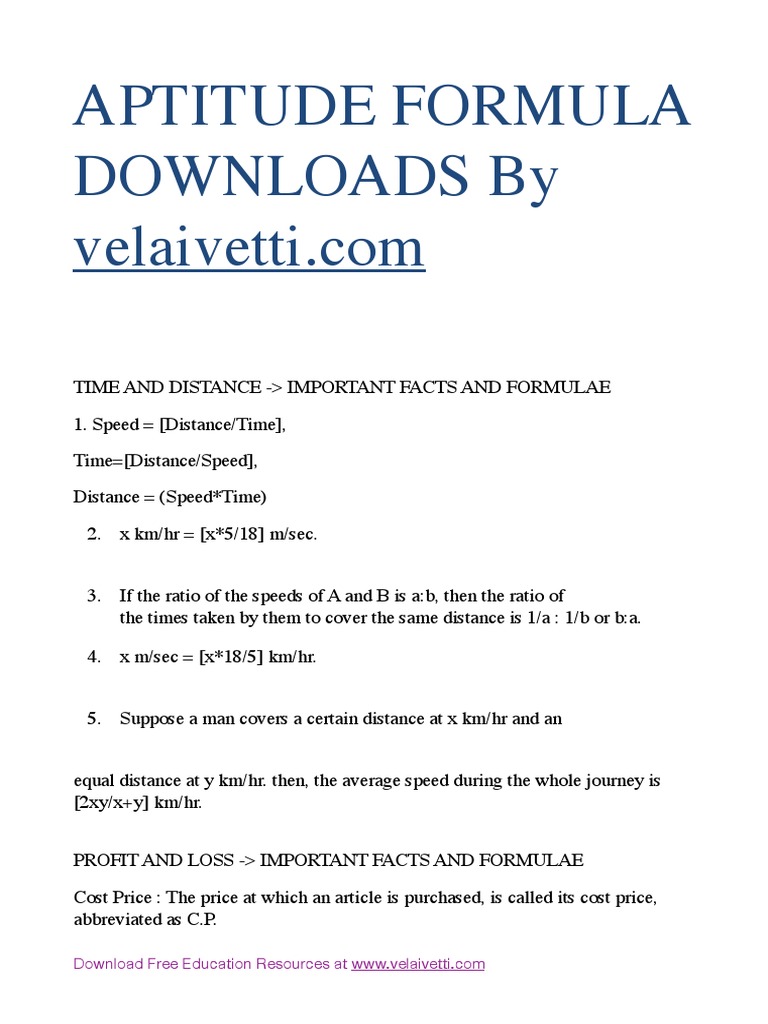 Aptitude Formulas | PDF | Volume | Partnership