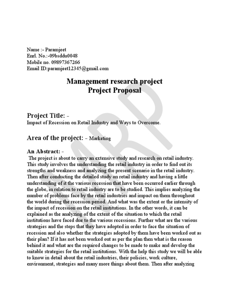 Management Research Project Project Proposal: Project Title: - Area of ...