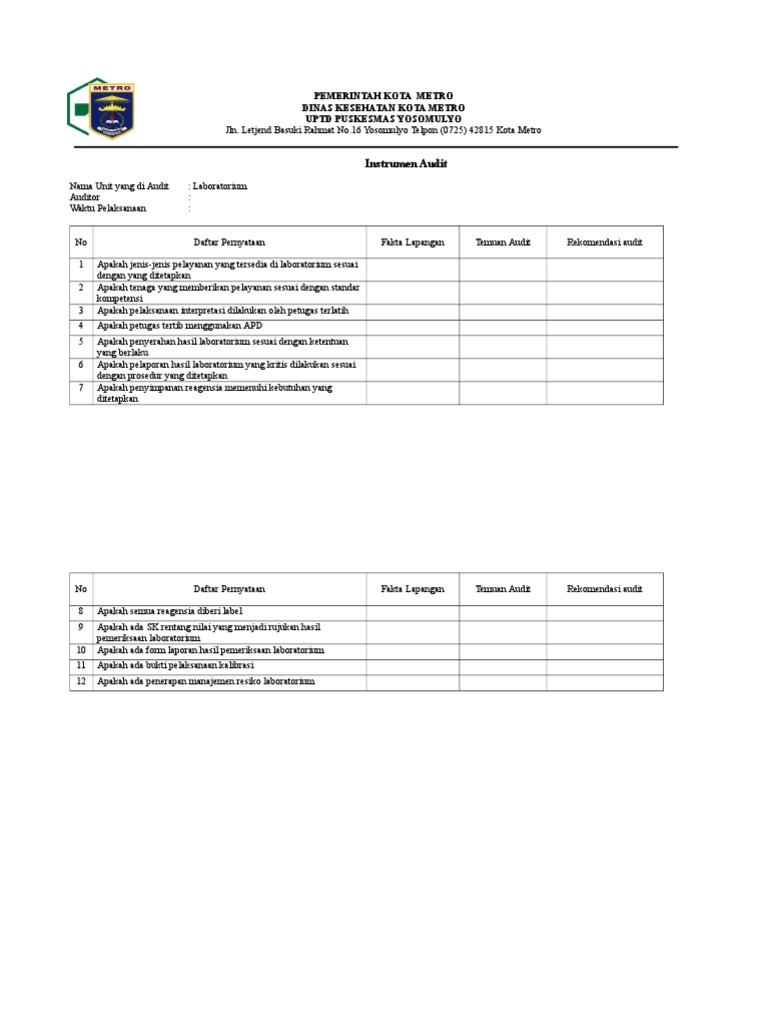 Instrumen Audit Lab Dan Pendaftaran | PDF