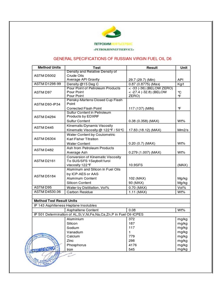 d6 Virginoil Specifications Petrokhimeftservice | PDF | Petroleum | Fuels