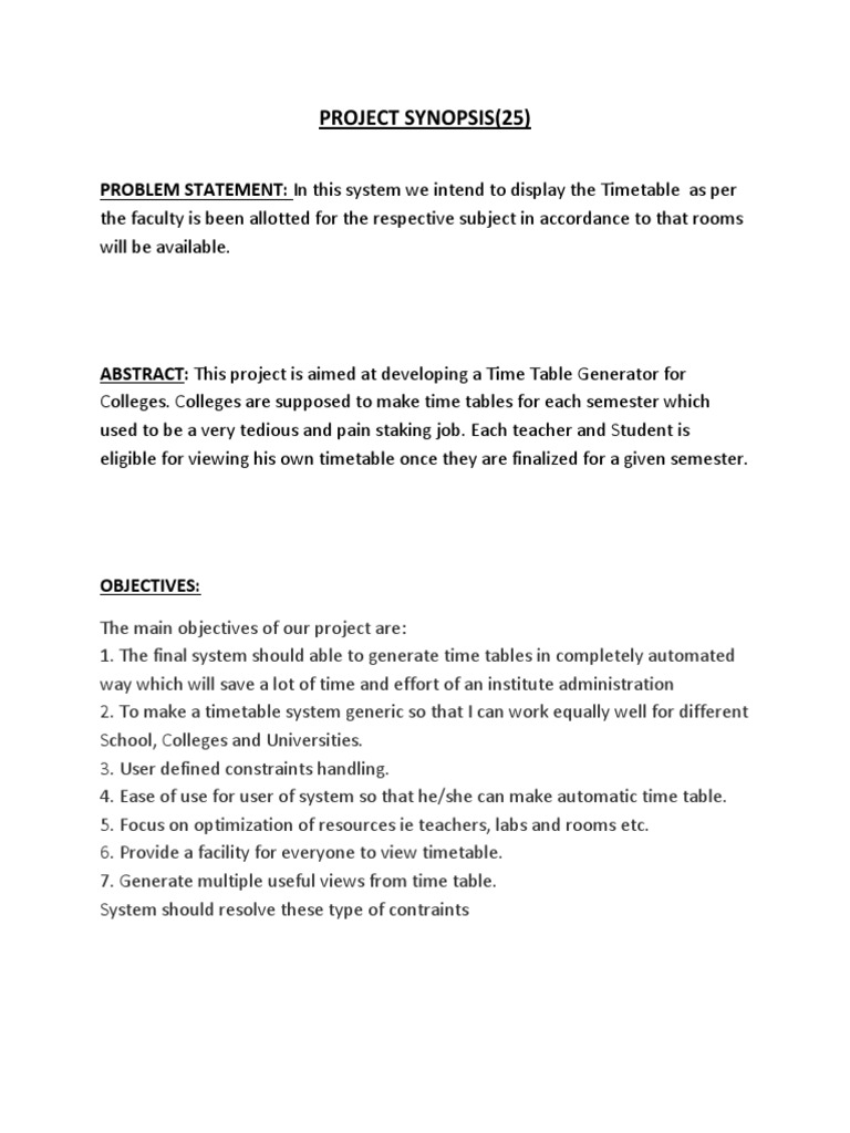 Project Synopsis For Automatic Timetable Generator | PDF | Microsoft ...