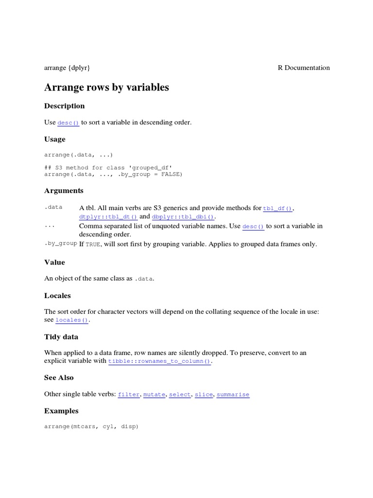 R: Arrange Rows with dplyr | PDF