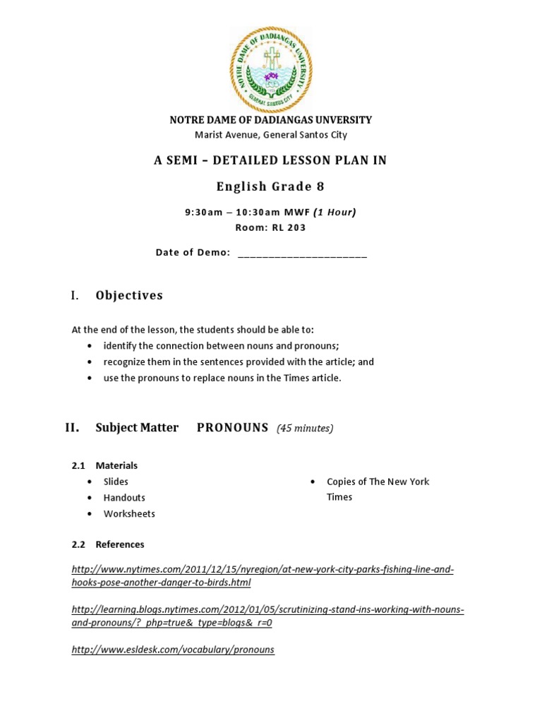 Semi dETAILED LESSON PLAN IN eNGLISH | PDF | Grammatical Gender | Pronoun