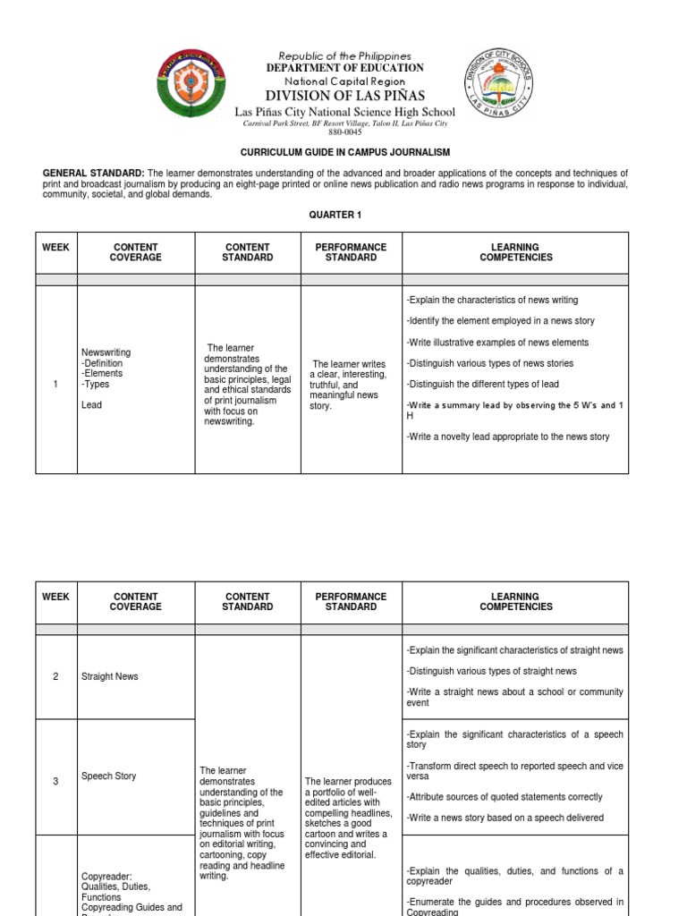 Journalism Curriculum Guide For Grade 8 K-12 Students | PDF ...