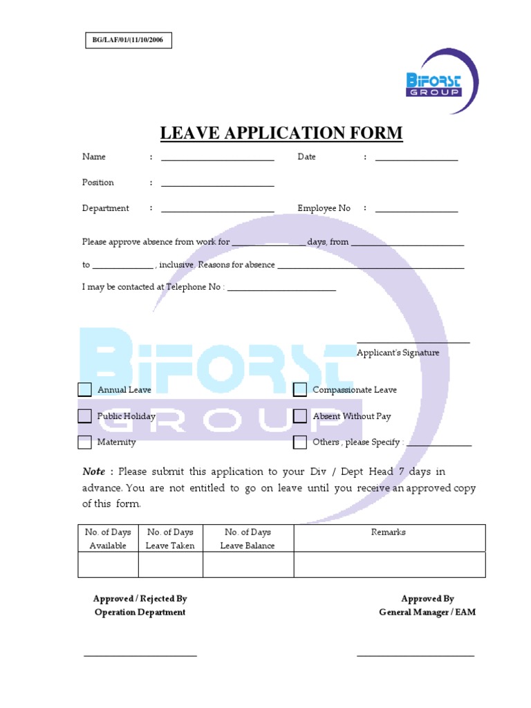 Leave Application Form: Note: Please Submit This Application To Your ...