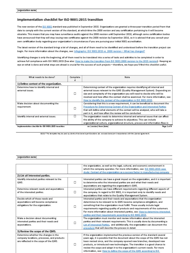 Implementation Checklist For ISO 9001 2015 Transition EN | Download ...
