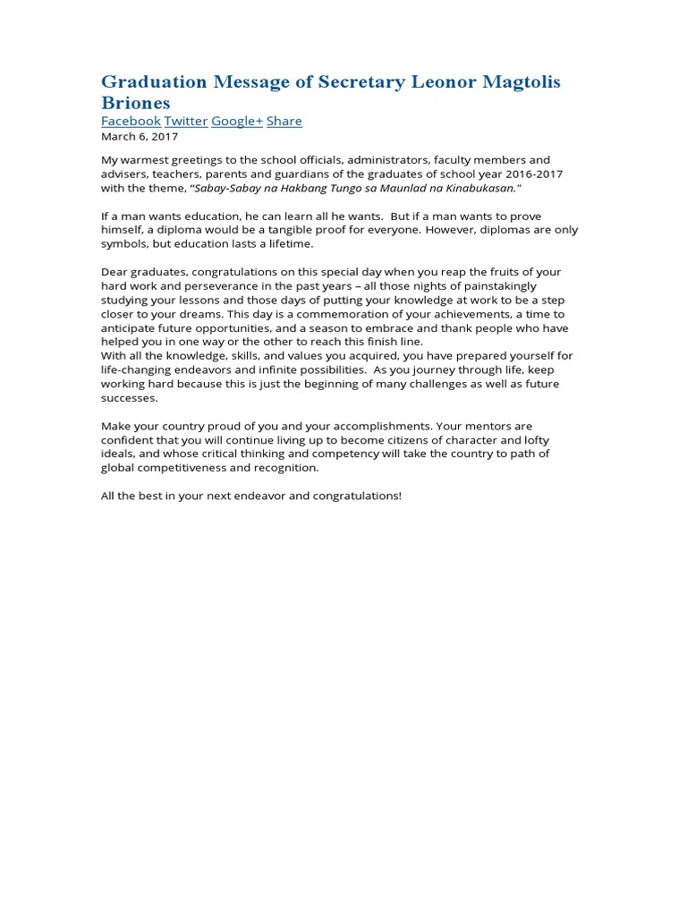 Graduation Message of Secretary Leonor Magtolis Briones | PDF