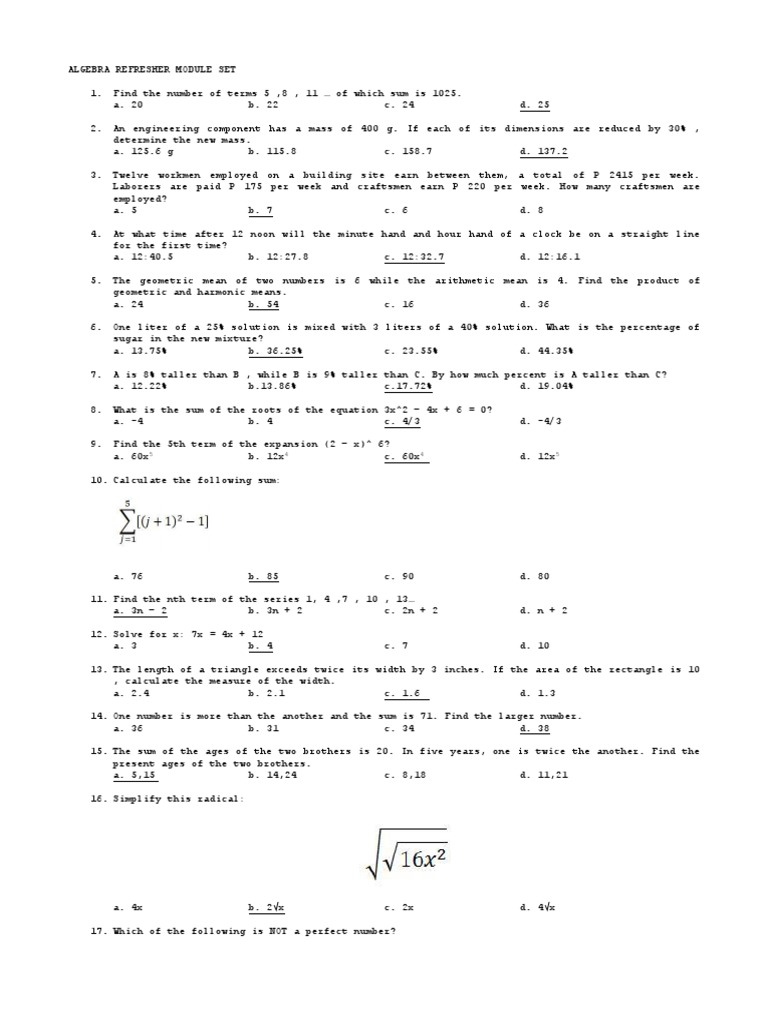 Algebra Refresher Module Set 1 | PDF | Algebra | Mathematical Objects