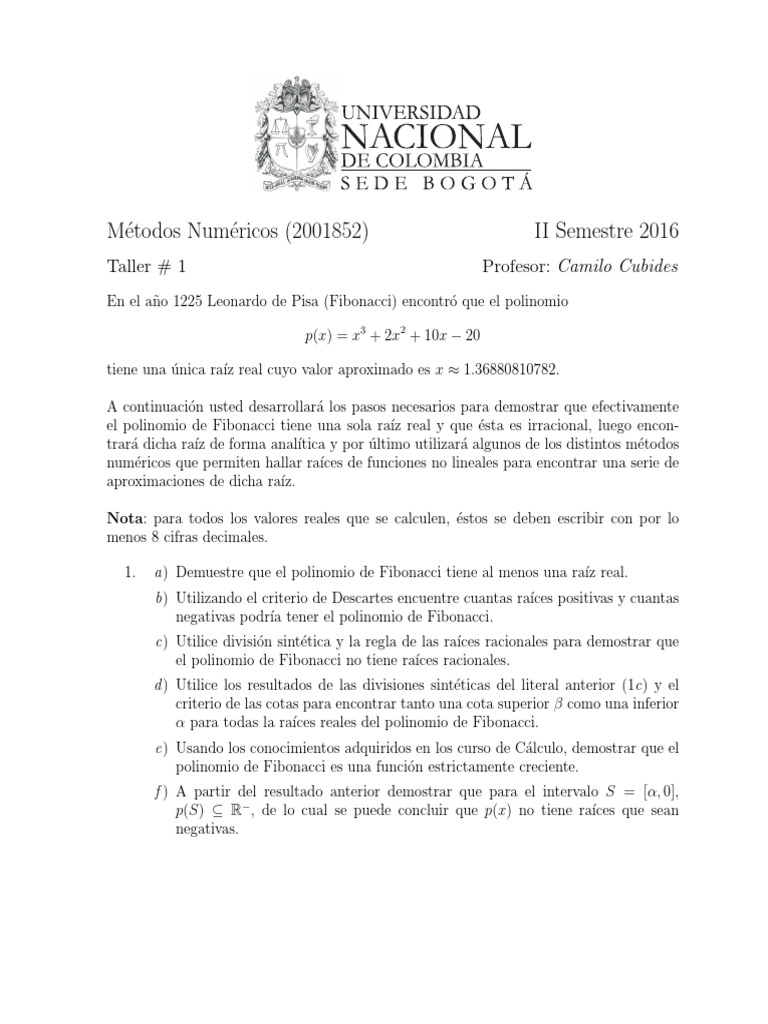 Taller 1 Metodos Numericos 2016-II PDF | PDF | Números | Matemáticas Aplicadas