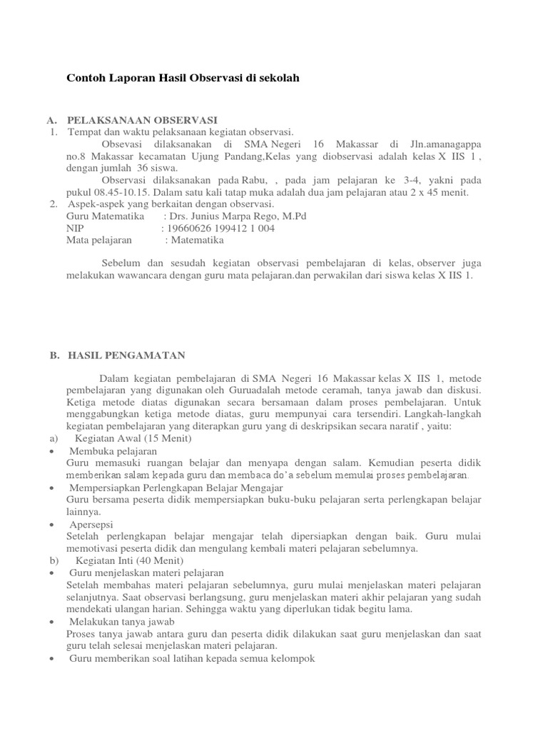 Contoh Laporan Hasil Observasi Di Sekolah | PDF