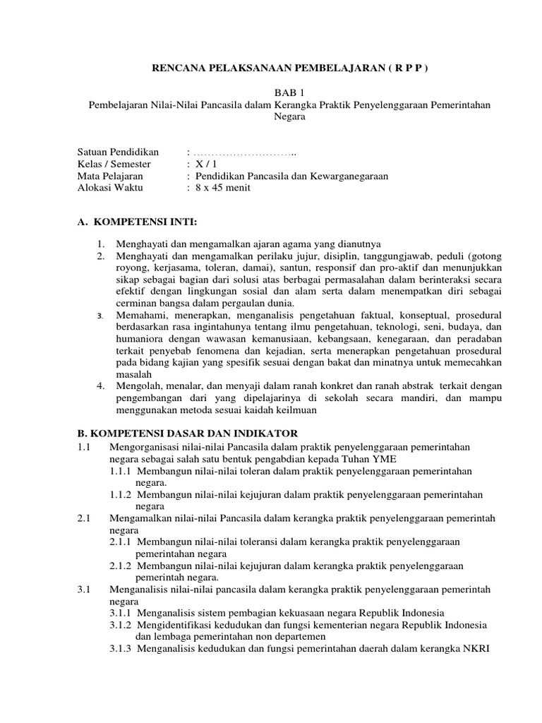 RPP 1 PKN Kelas X Semester 1 | PDF