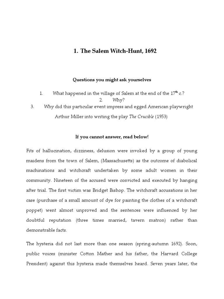 The Salem Witch-Hunt, 1692: Questions You Might Ask Yourselves | PDF